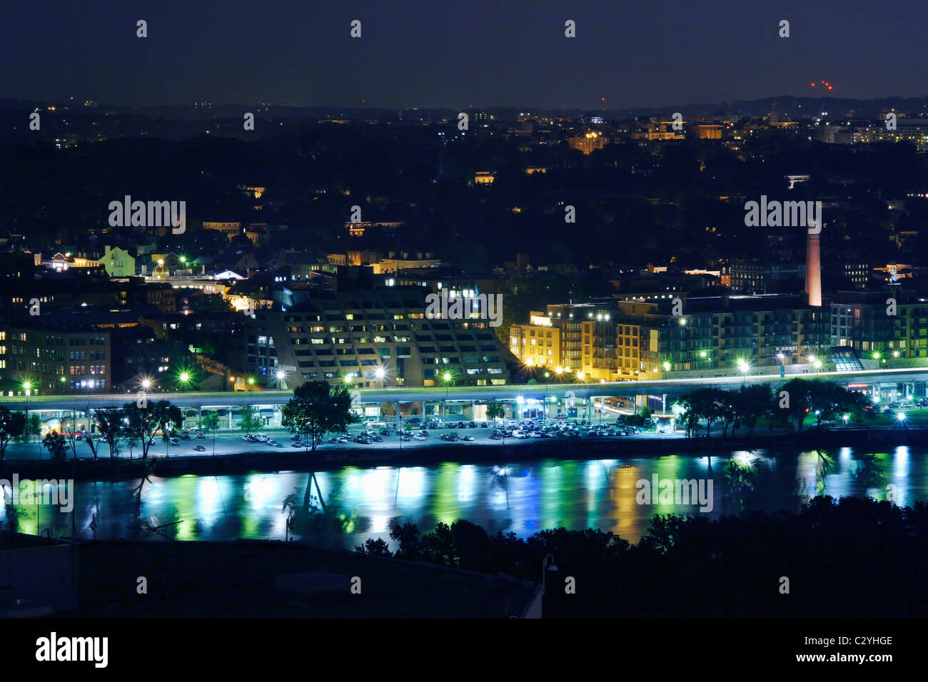 Georgetown waterfront and Whitehurst Freeway at night, Washington, D.C ...