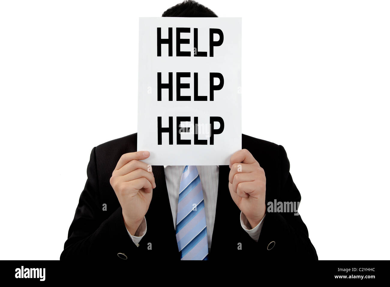 Business man holding help mark on the board Stock Photo - Alamy