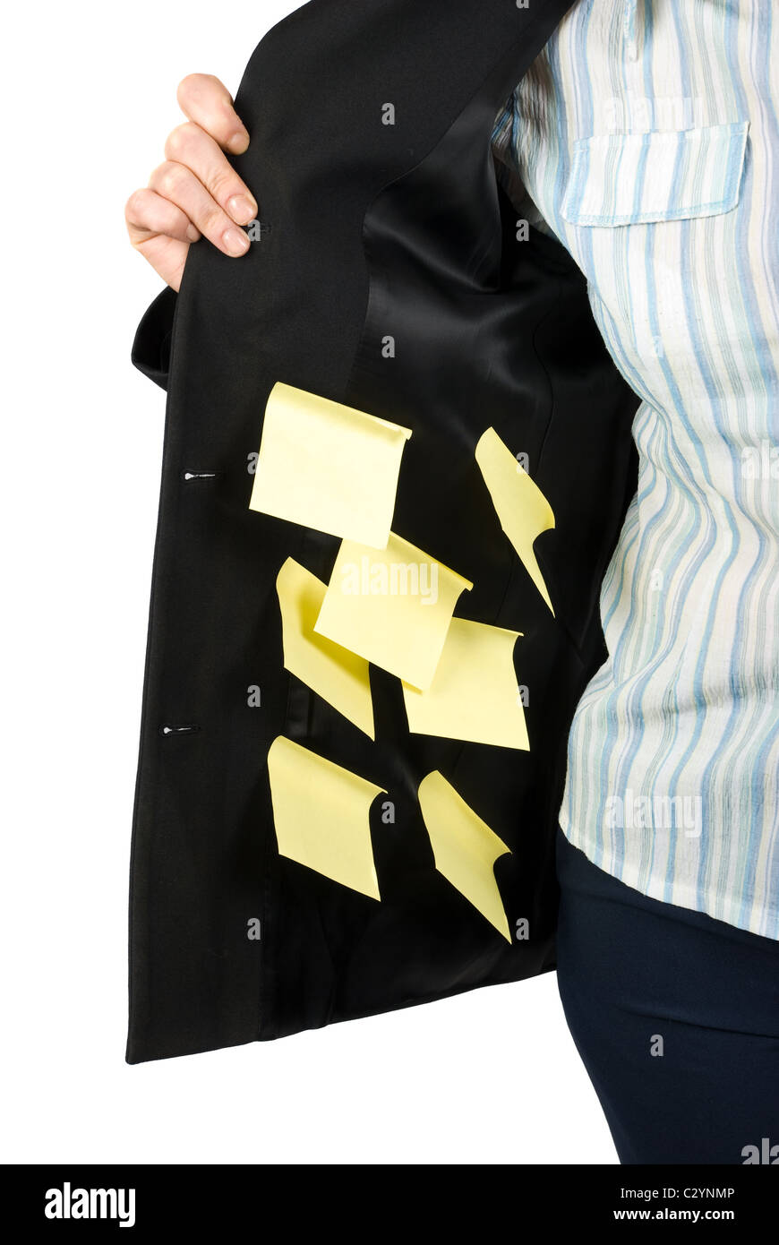 Close up of woman interior jacket with many yellow post it reminder ...