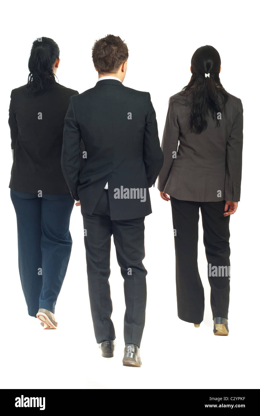Back of three business people walking isolated on white background ...