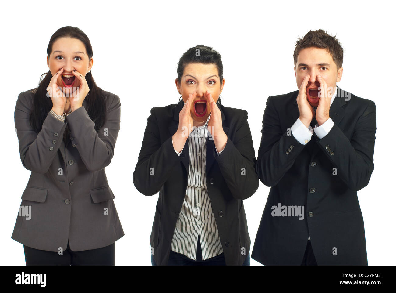 Three business people standing in a row and shouting out loud isolated ...