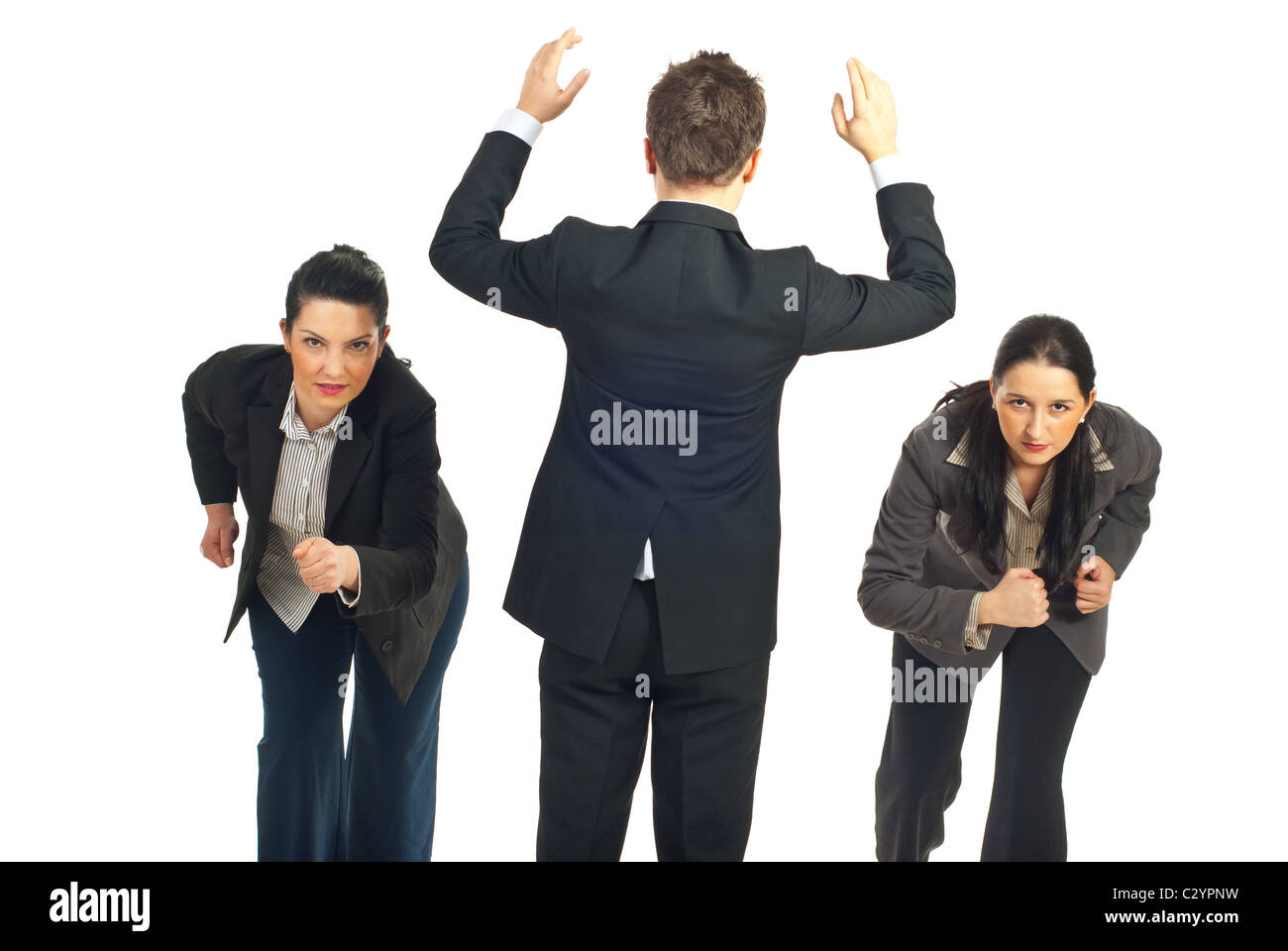Business man preparing to give start to two business women competition ...