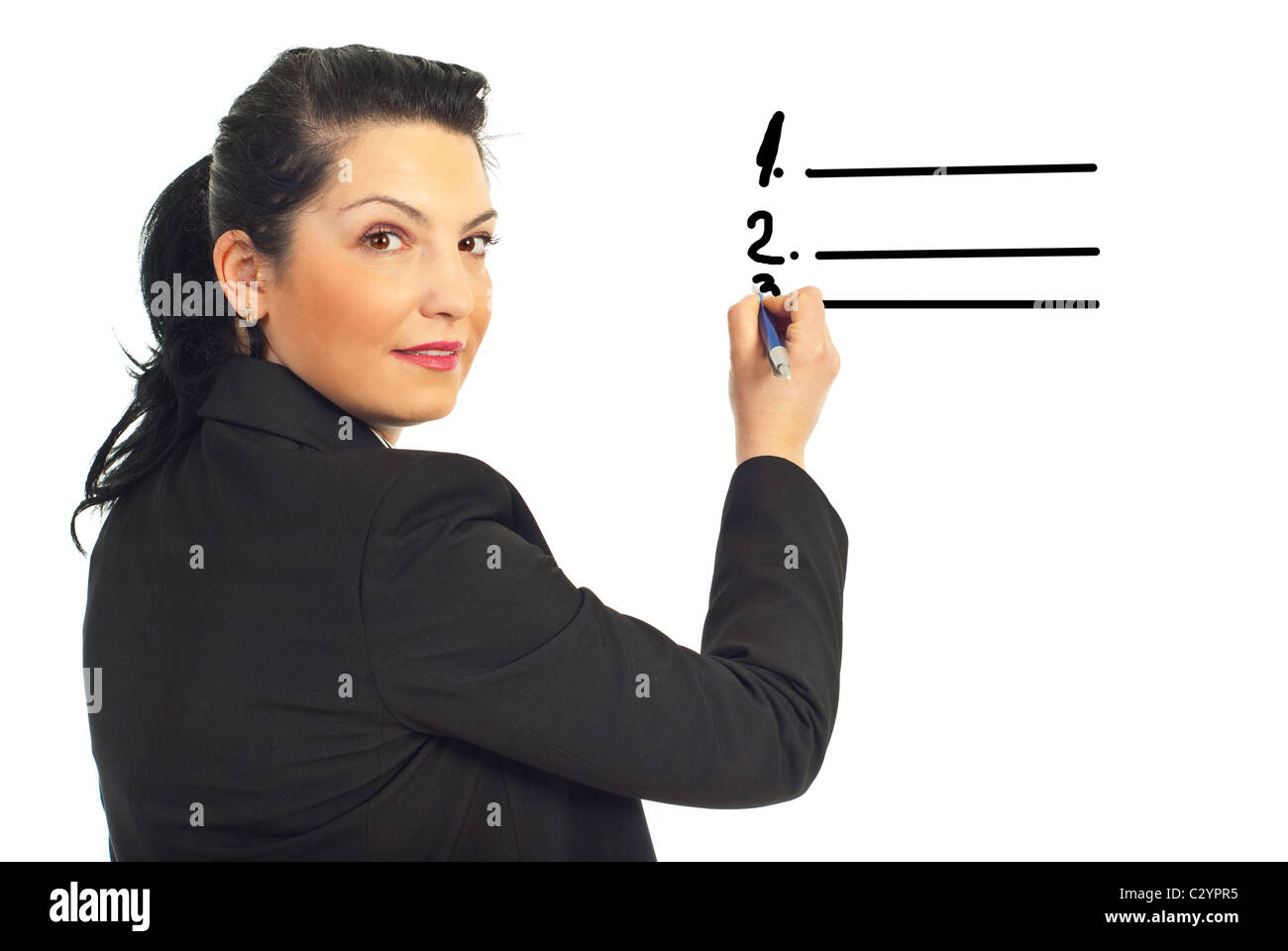 Executive woman writing and make lines on white space and looking back ...