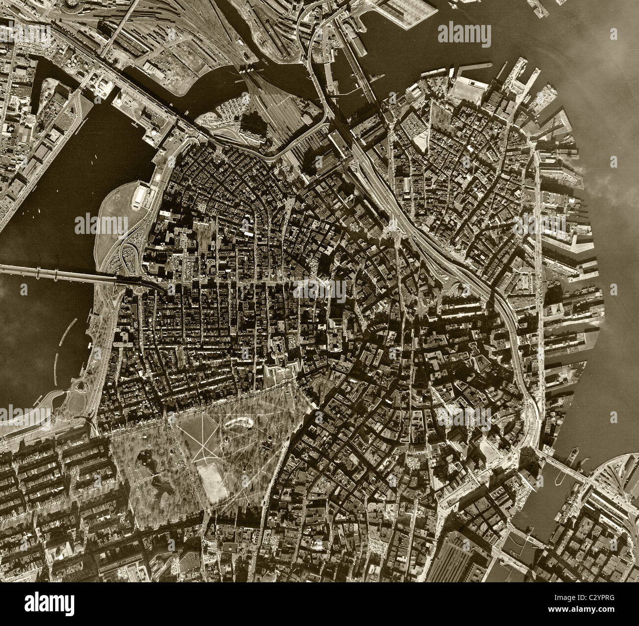 historical aerial view above Boston Massachusetts 1955 Stock Photo ...