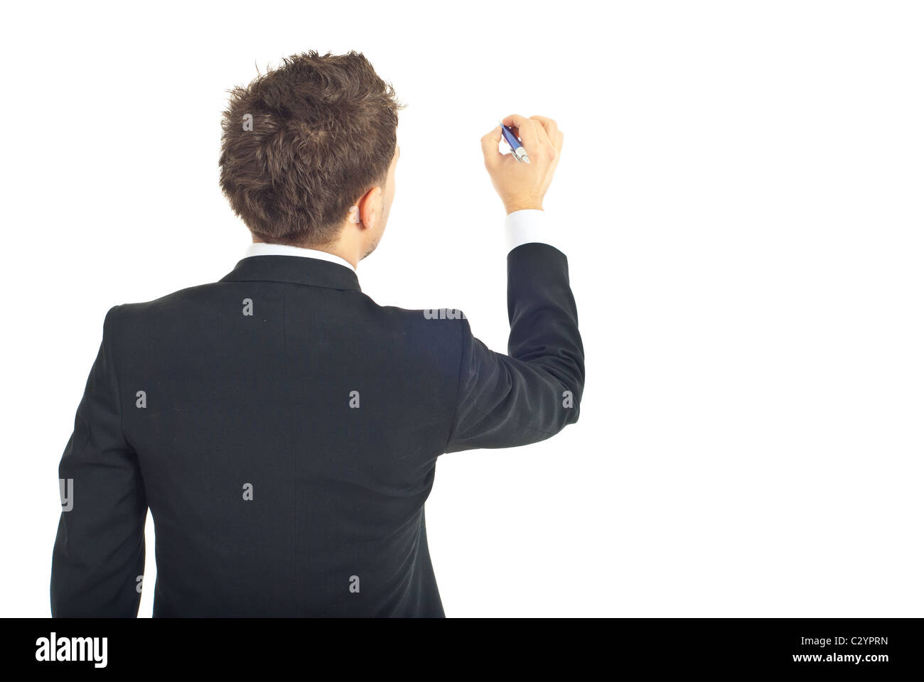 Back of business man writing on copy space isolated on white background ...