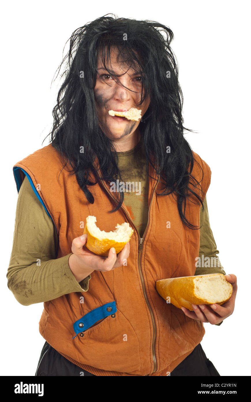 Happy beggar woman eating bread isolated on white background Stock ...
