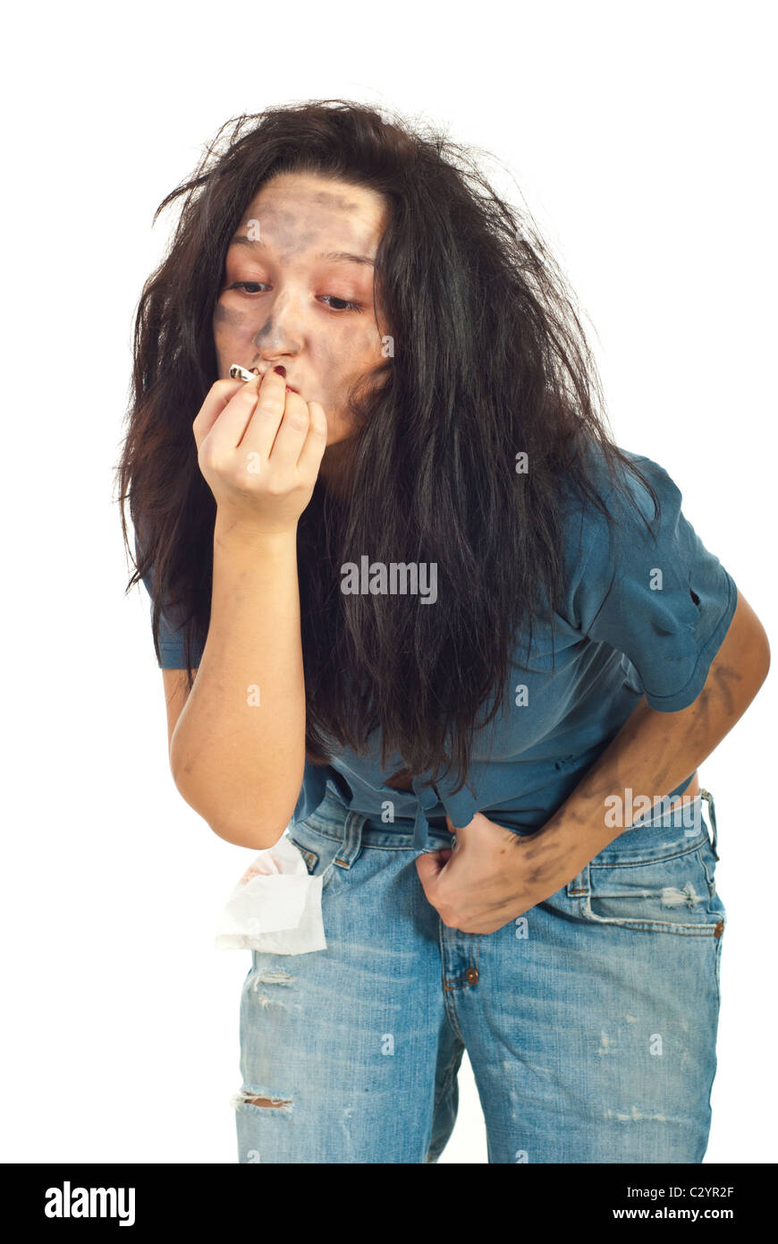 Dirty beggar female smoking cigarette butt isolated on white background ...