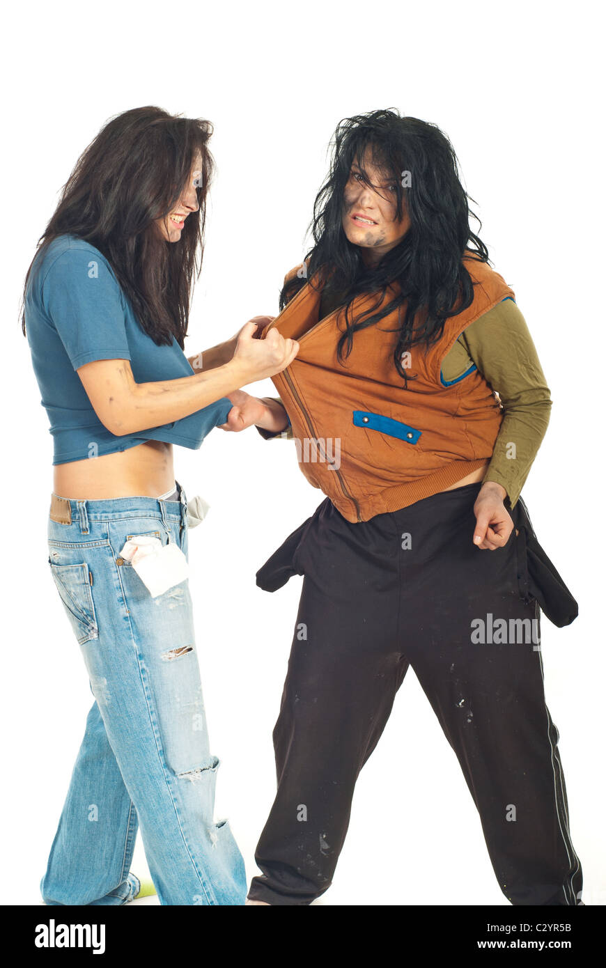 Two beggars women fighting isolated on white background Stock Photo - Alamy
