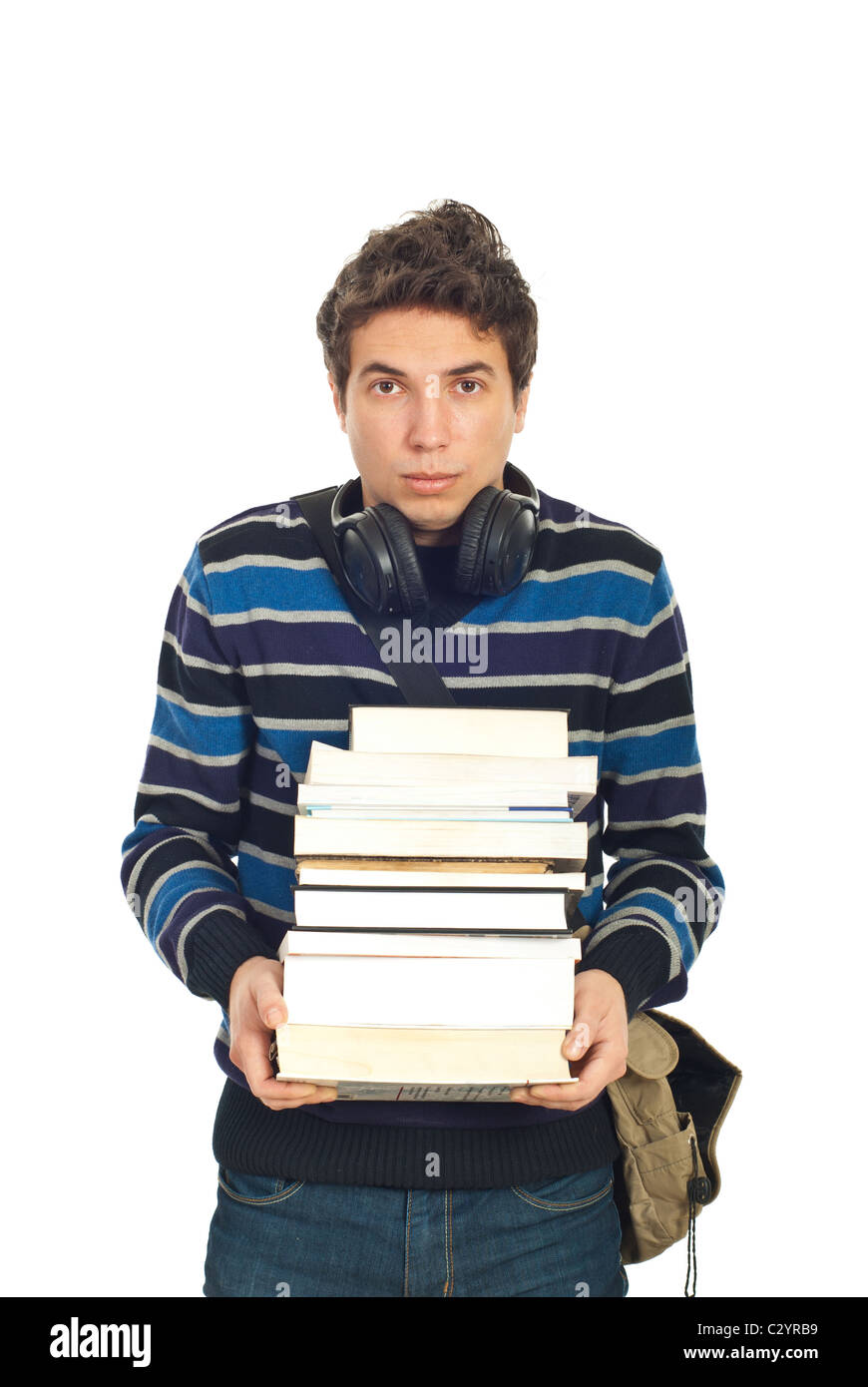 Sad student male with headphones carrying stack of book isolated on ...