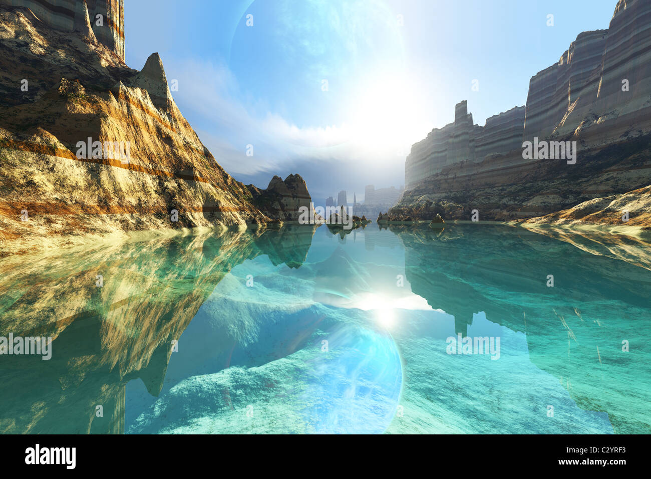 Clear canyon river waters reflect the alien planet in the sky Stock ...