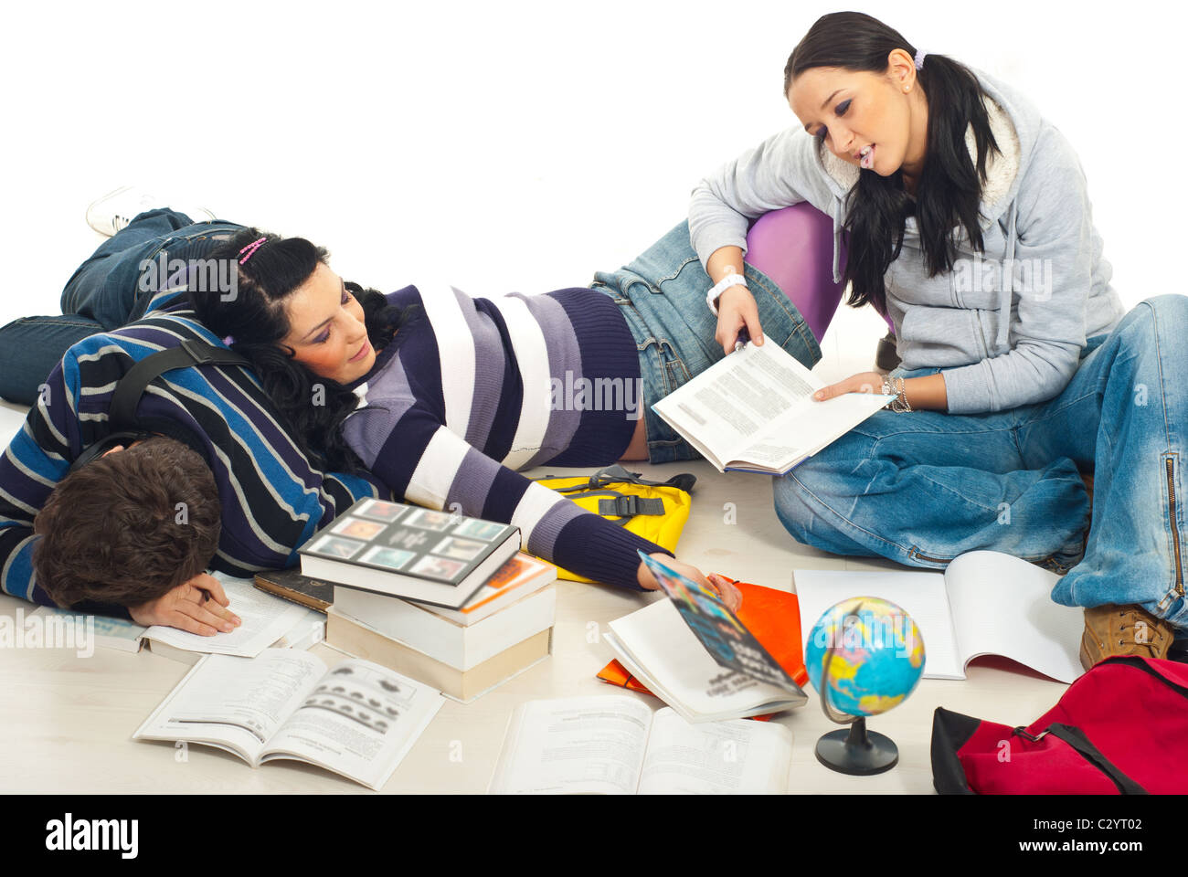 Three student fall asleep on wooden floor and being tired of so many ...