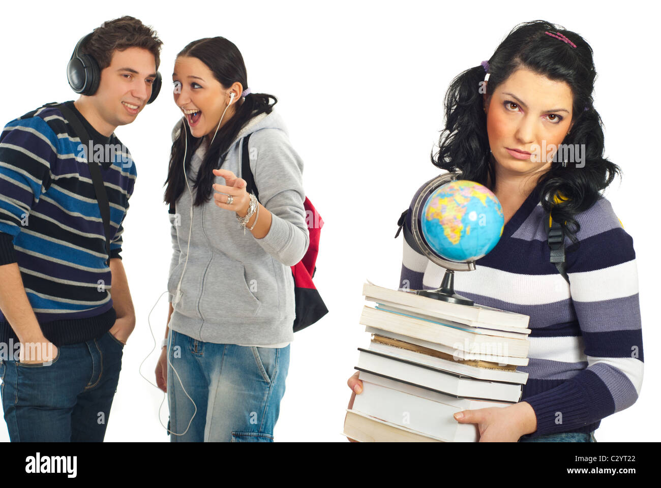 Two rude students gossip and joke about their sad colleague female with ...