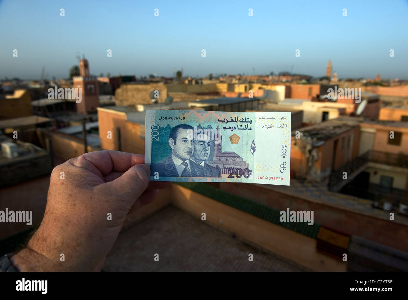 Marrakech, Morocco,15-4-2011. A 200 dirham note showing King Mohammed ...