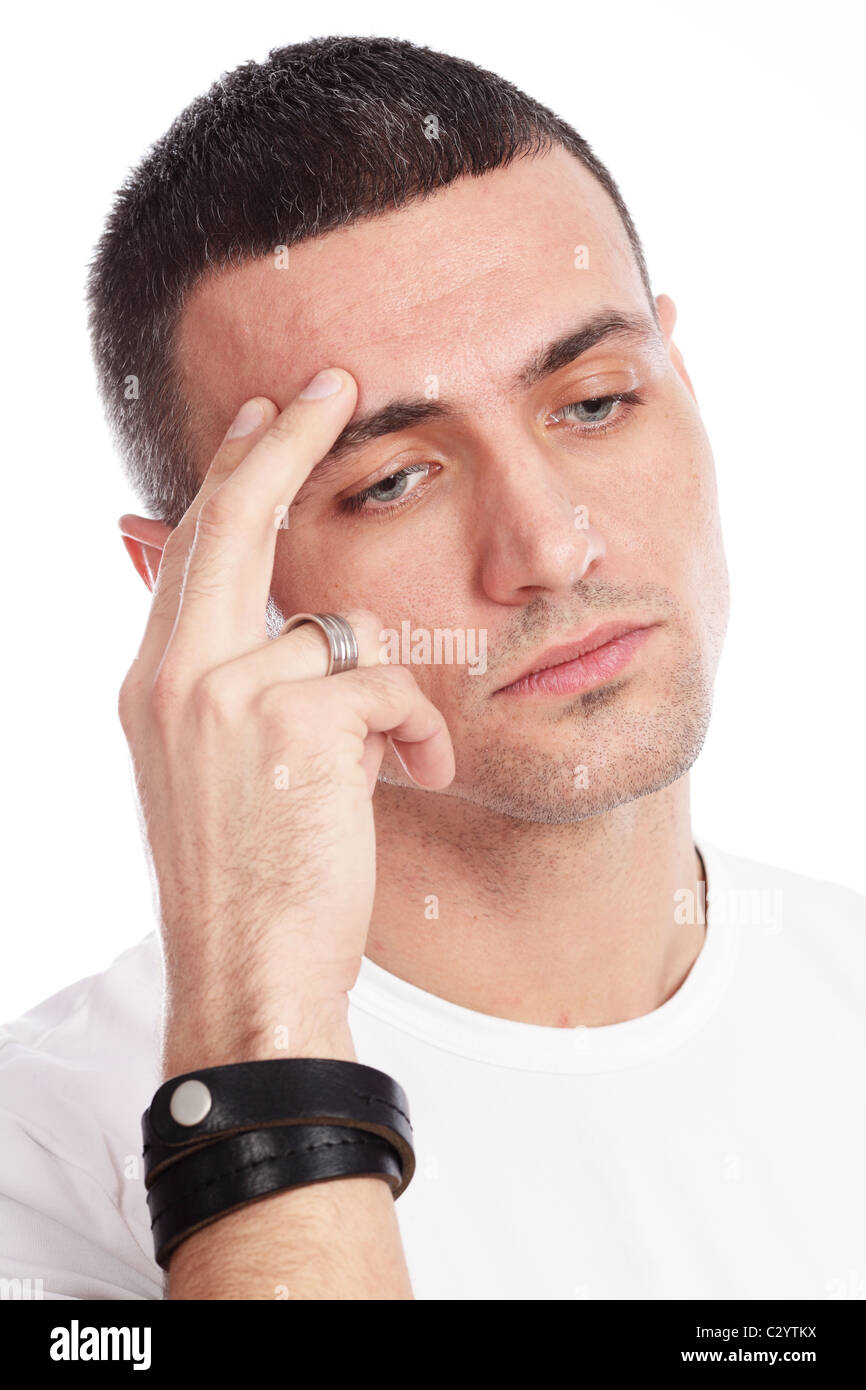 Portrait of a sad pensive man, isolated on white background Stock Photo ...