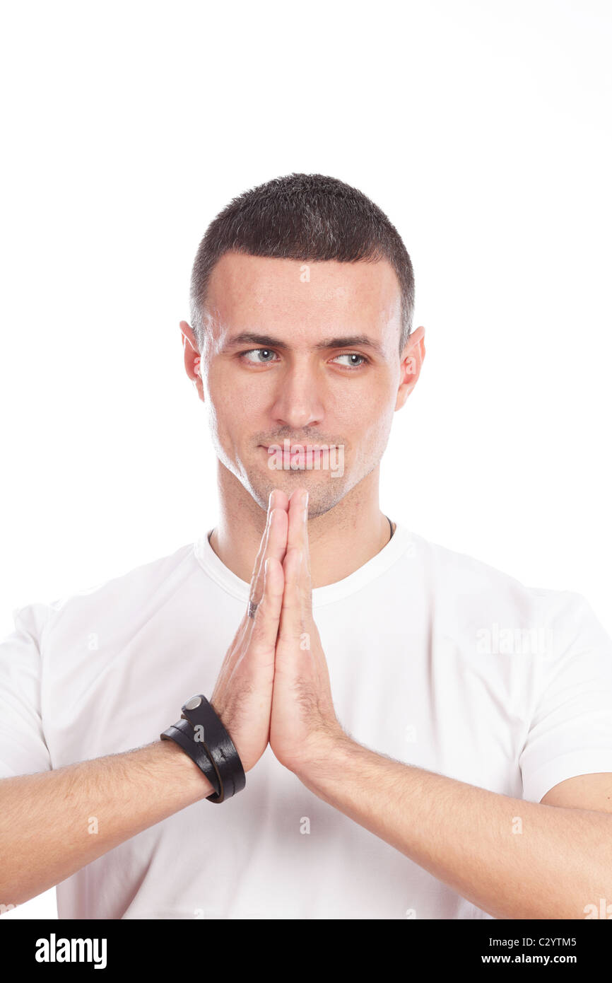 business man praying over white background Stock Photo - Alamy