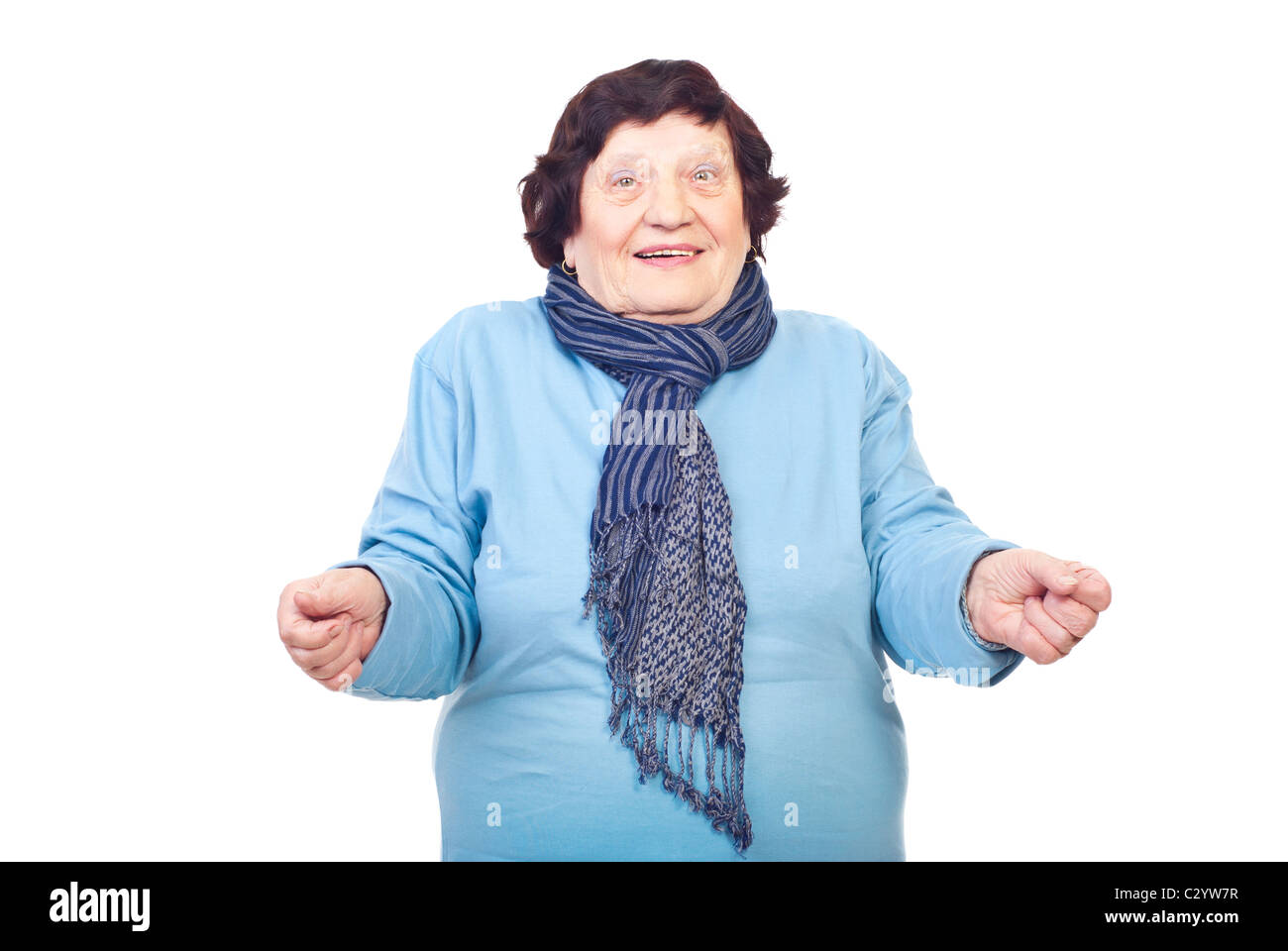 Old woman with facial expression and gesture isolated on white ...
