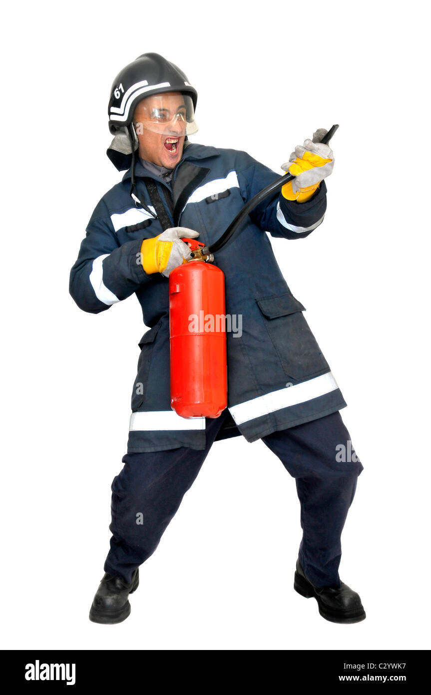 Fireman in uniform isolated in white Stock Photo - Alamy