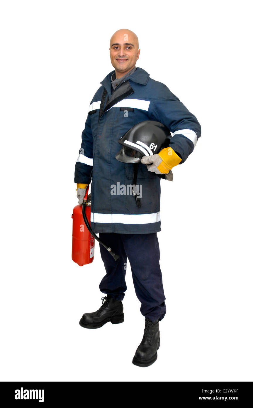 Fireman in uniform isolated in white Stock Photo - Alamy
