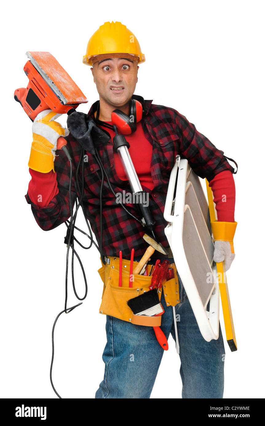 Construction worker stressed with lots of tools isolated in white Stock ...