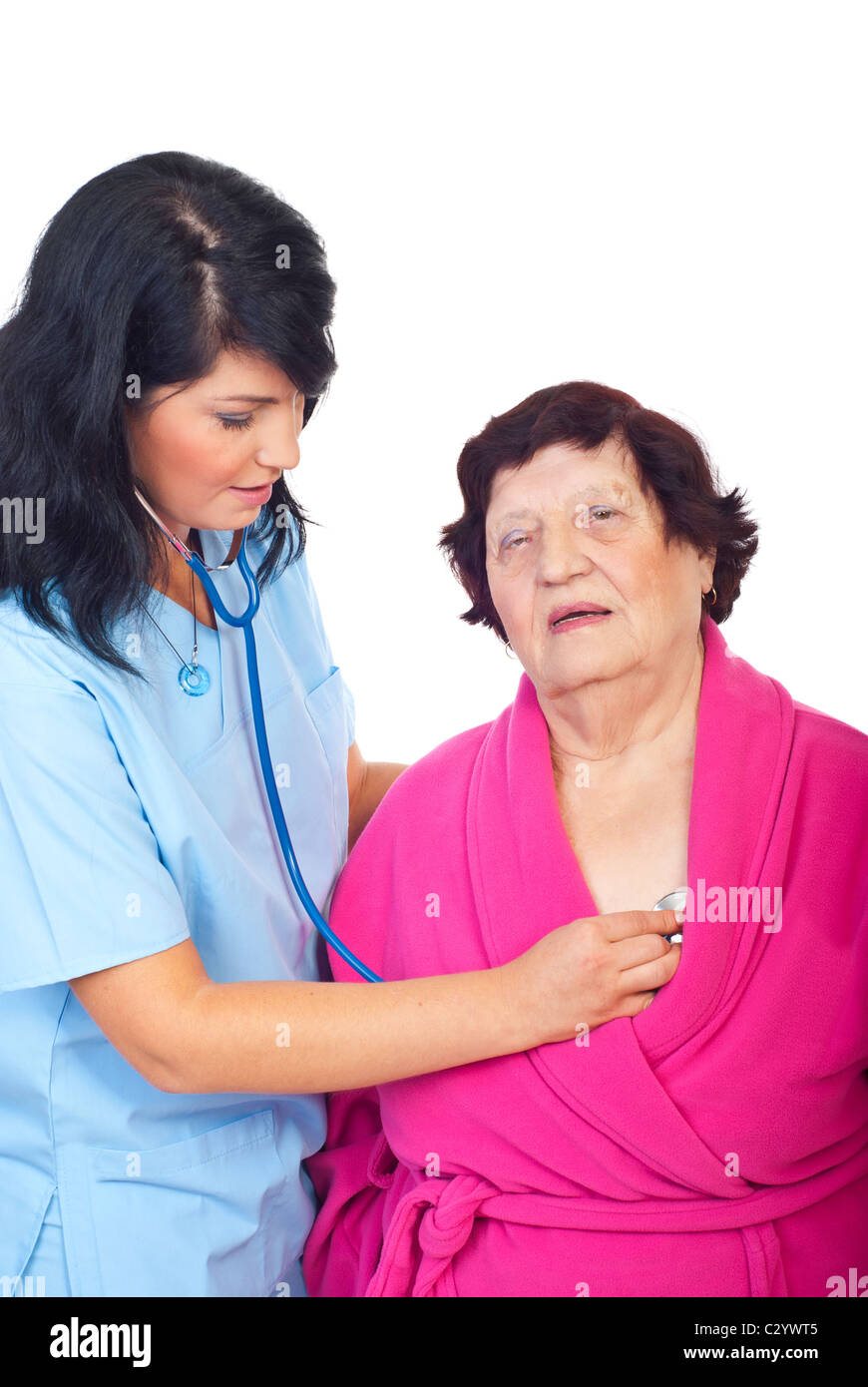 Doctor woman assessing elderly patient isolated on white background ...