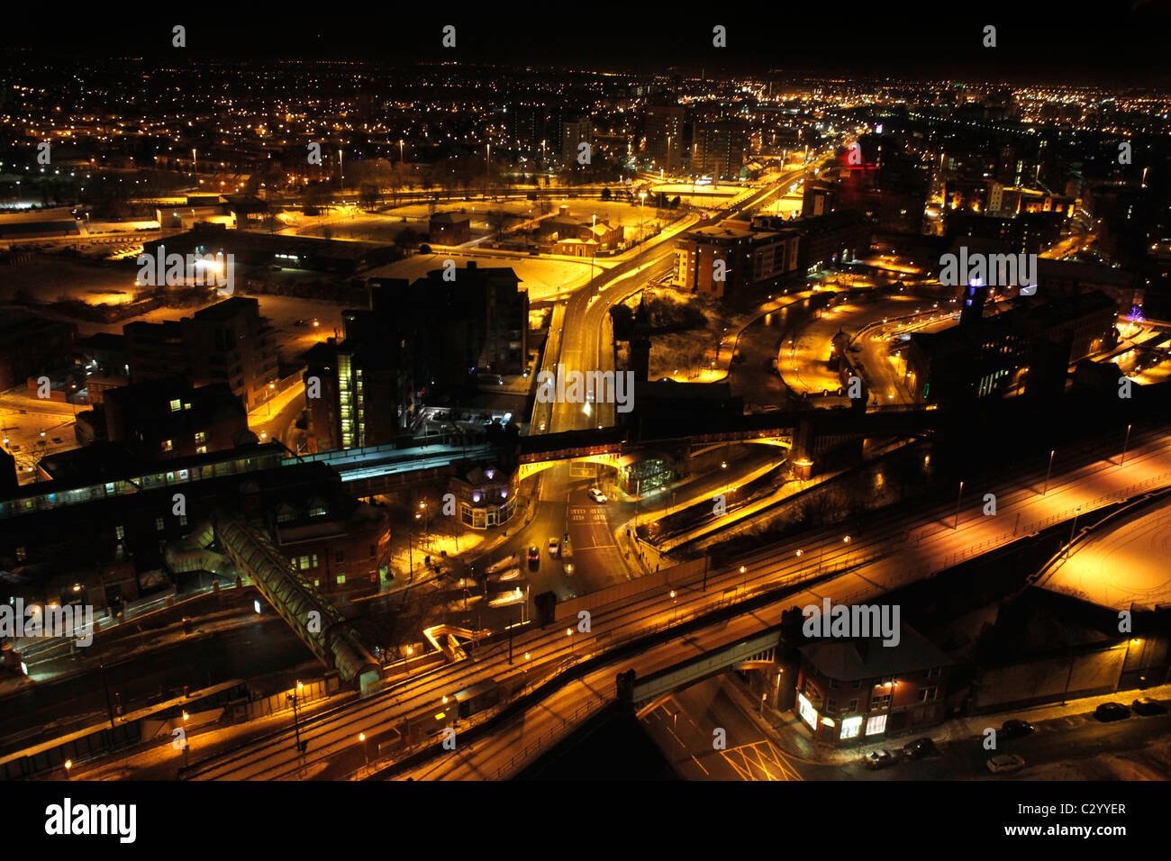 Aerial view of Manchester in snow from the Beetham Tower Stock Photo ...