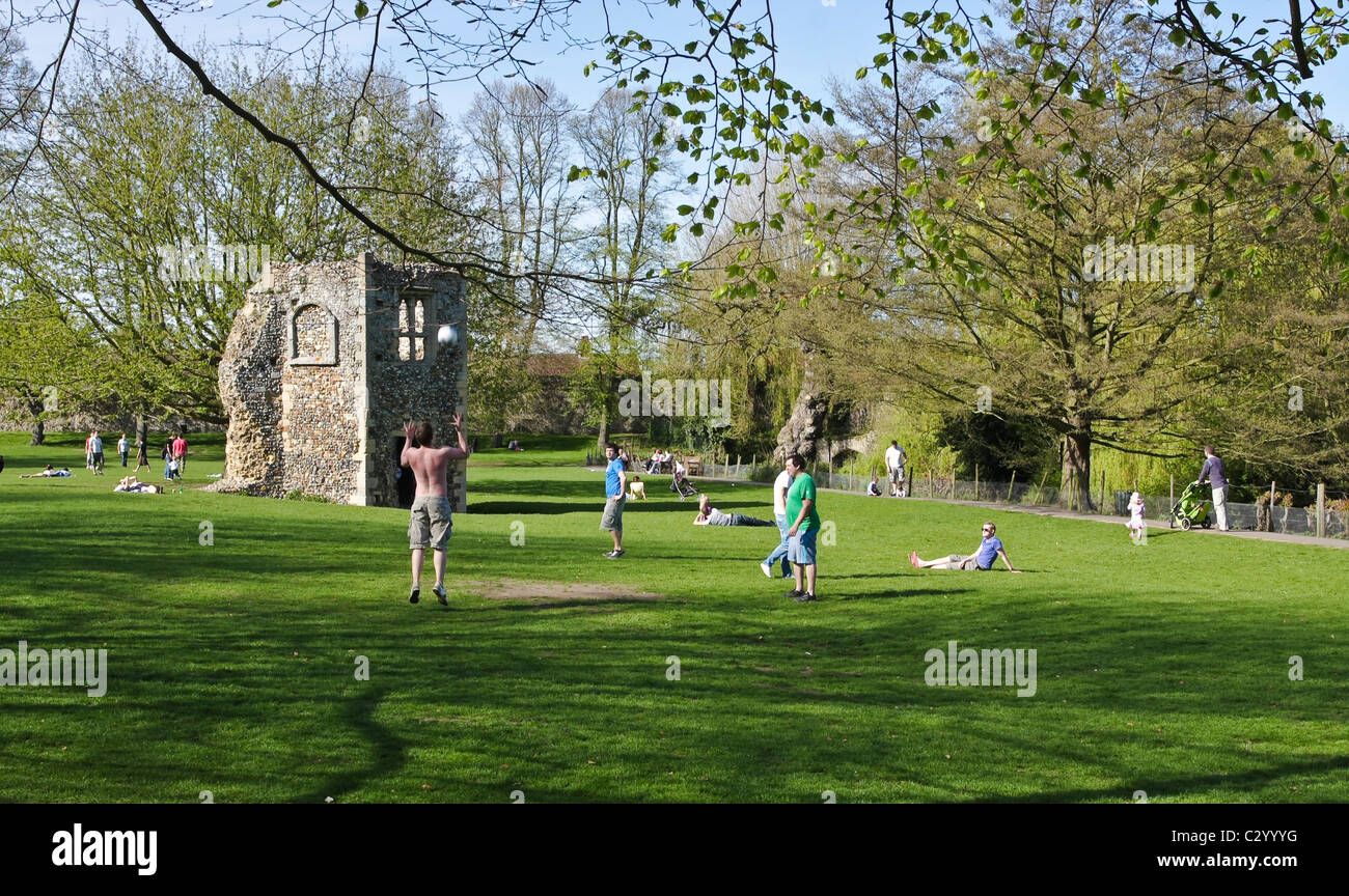 People enjoying the early spring sun in the Abbey Gardens, Bury St ...