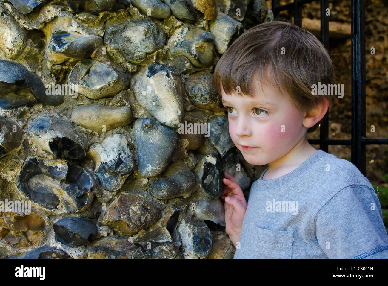 Cute little boy posing against a stone wall Stock Photo - Alamy