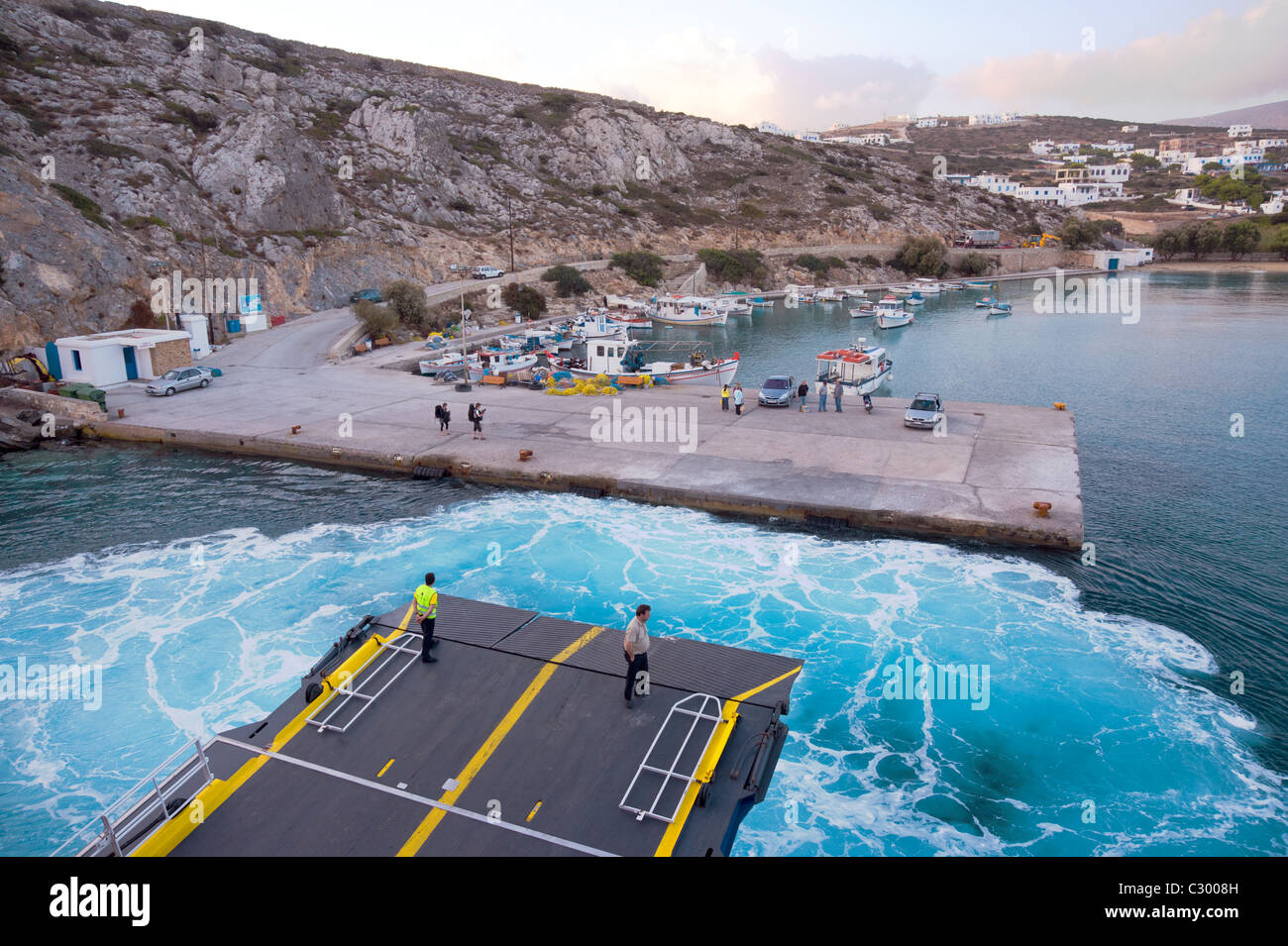 View of the loading ramp of a Greek ferry approaching the dock of Agios ...