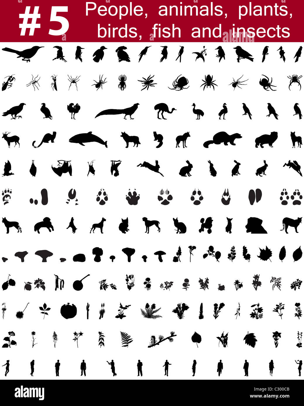 Big collection of collage vector silhouettes of people, animals, birds ...