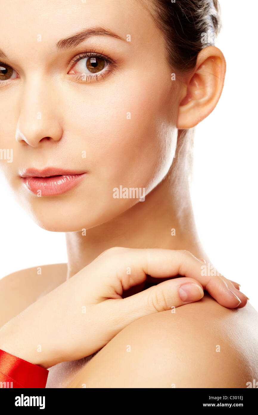 Gorgeous woman looking at camera over white background Stock Photo - Alamy