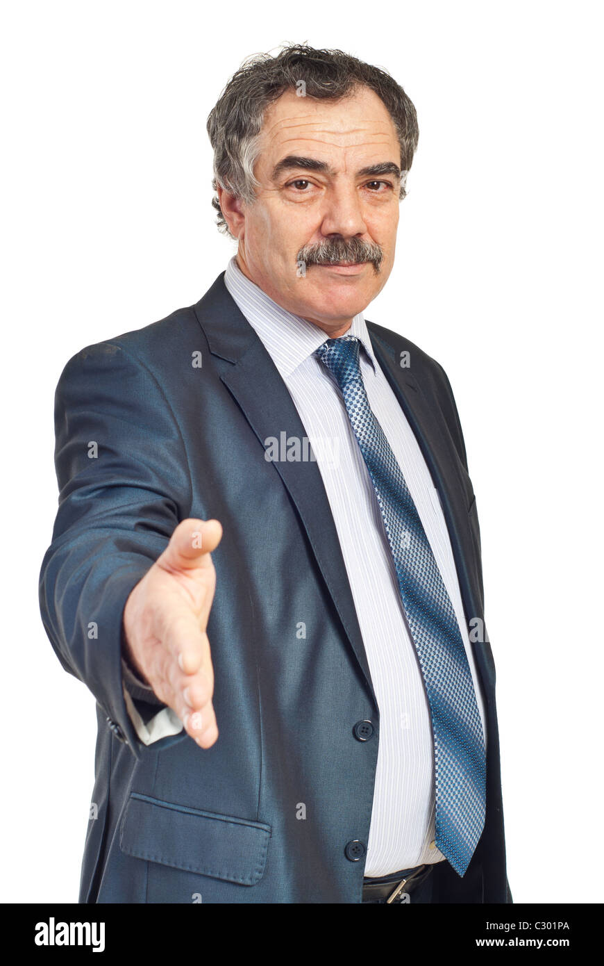 Handshake mature business man with soft smile isolated on white ...