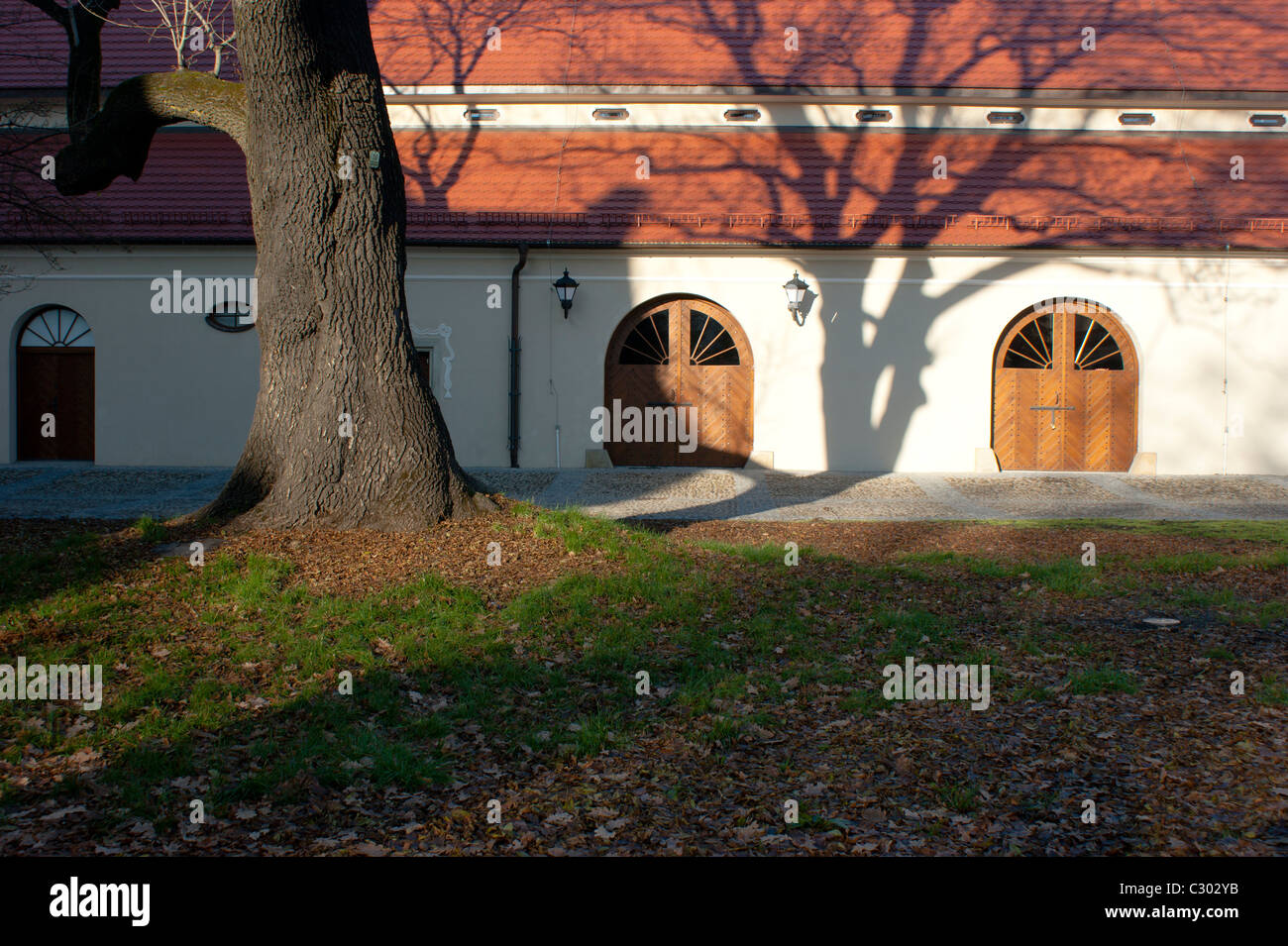 View on ancient stable in Habsburg estate, castle park in Zywiec ...