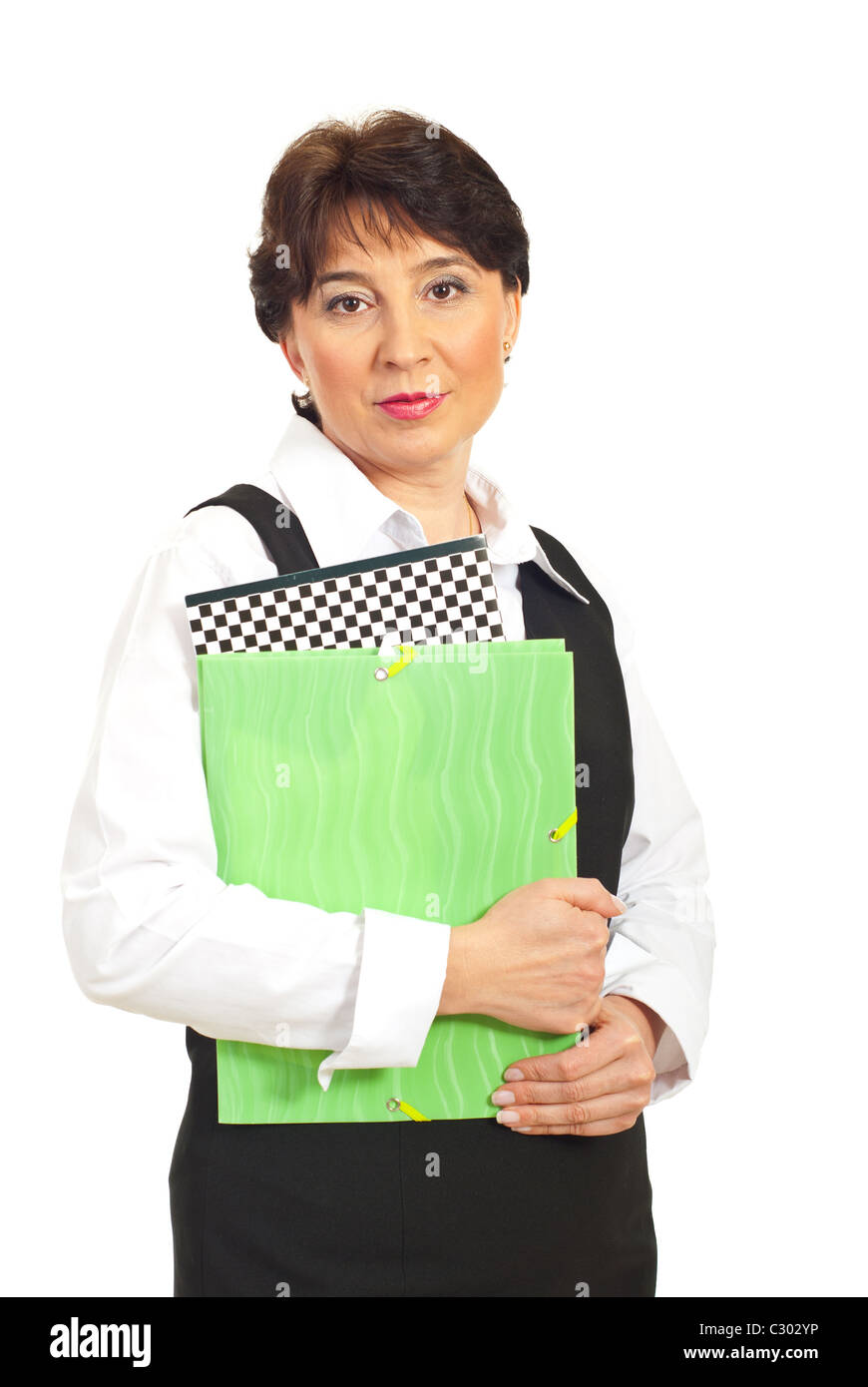 Mature executive woman holding folders isolated on white background ...