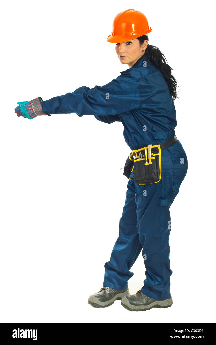 Full length of worker woman pulling something isolated on white ...
