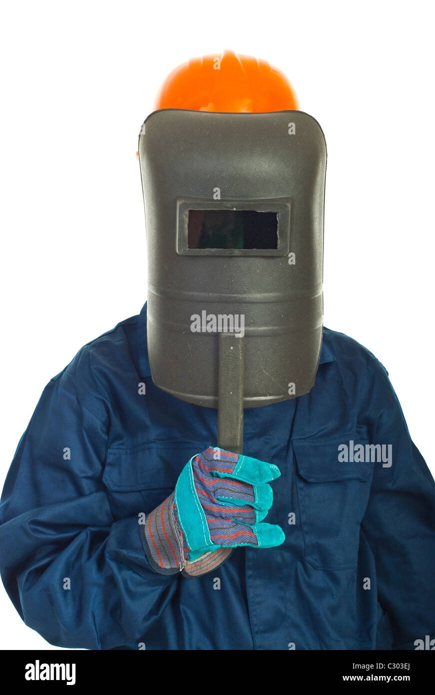 Welder person holding welding mask isolated on white background Stock ...