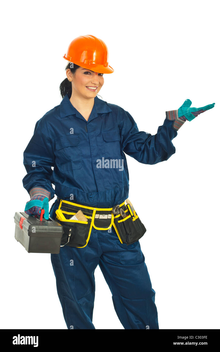 Constructor worker making presentation and holding a tools container ...