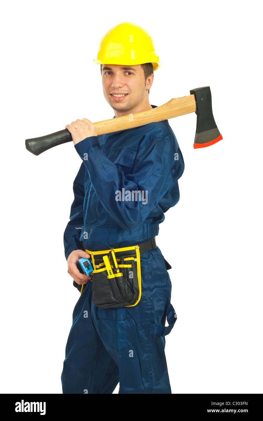 Handsome worker man holding ax isolated on white background Stock Photo ...