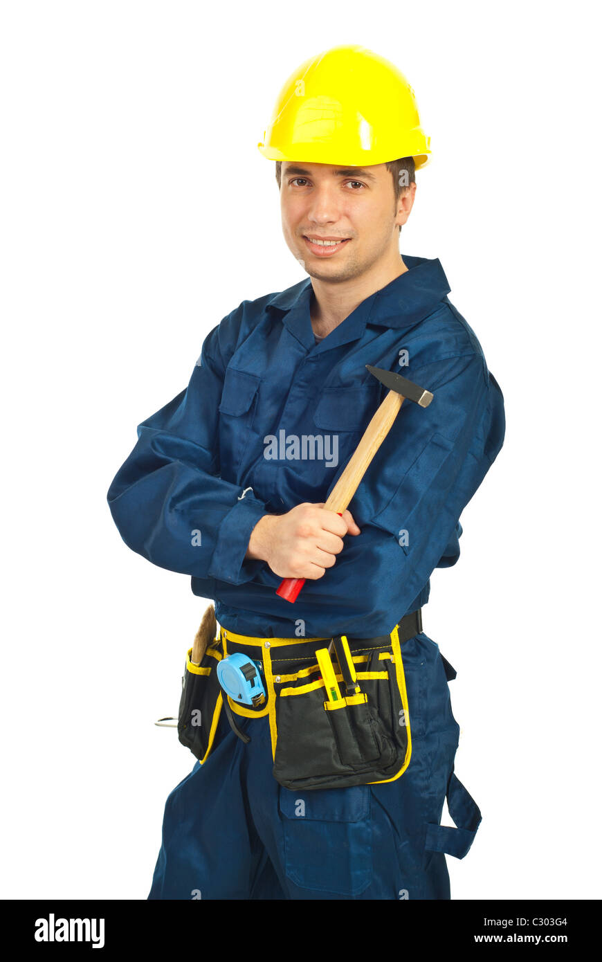 Young builder man holding hammer isolated on white background Stock ...
