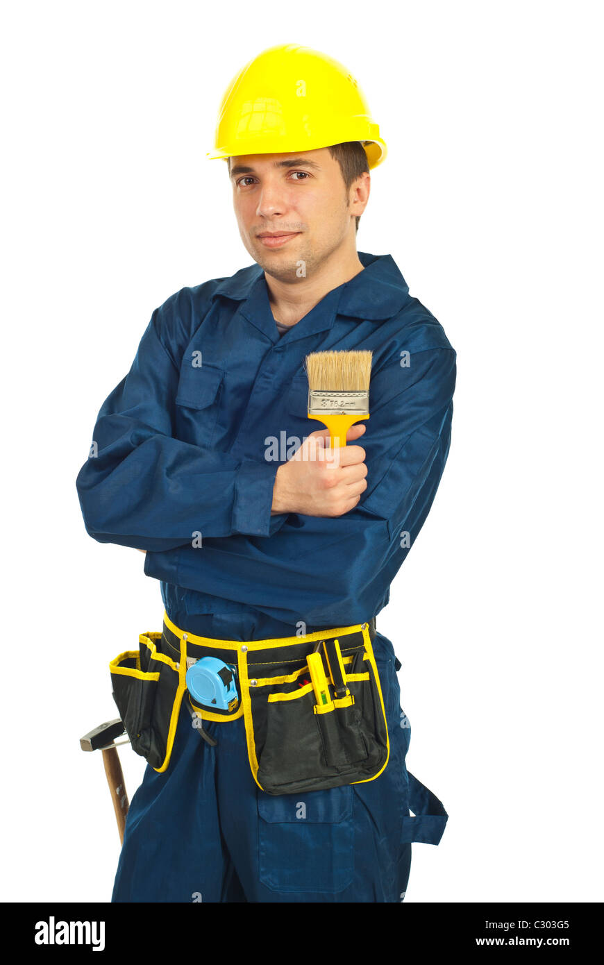Builder man holding paint brush isolated on white background Stock ...