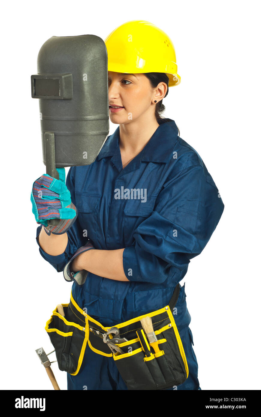 Worker woman holding welding mask isolated on white background Stock ...