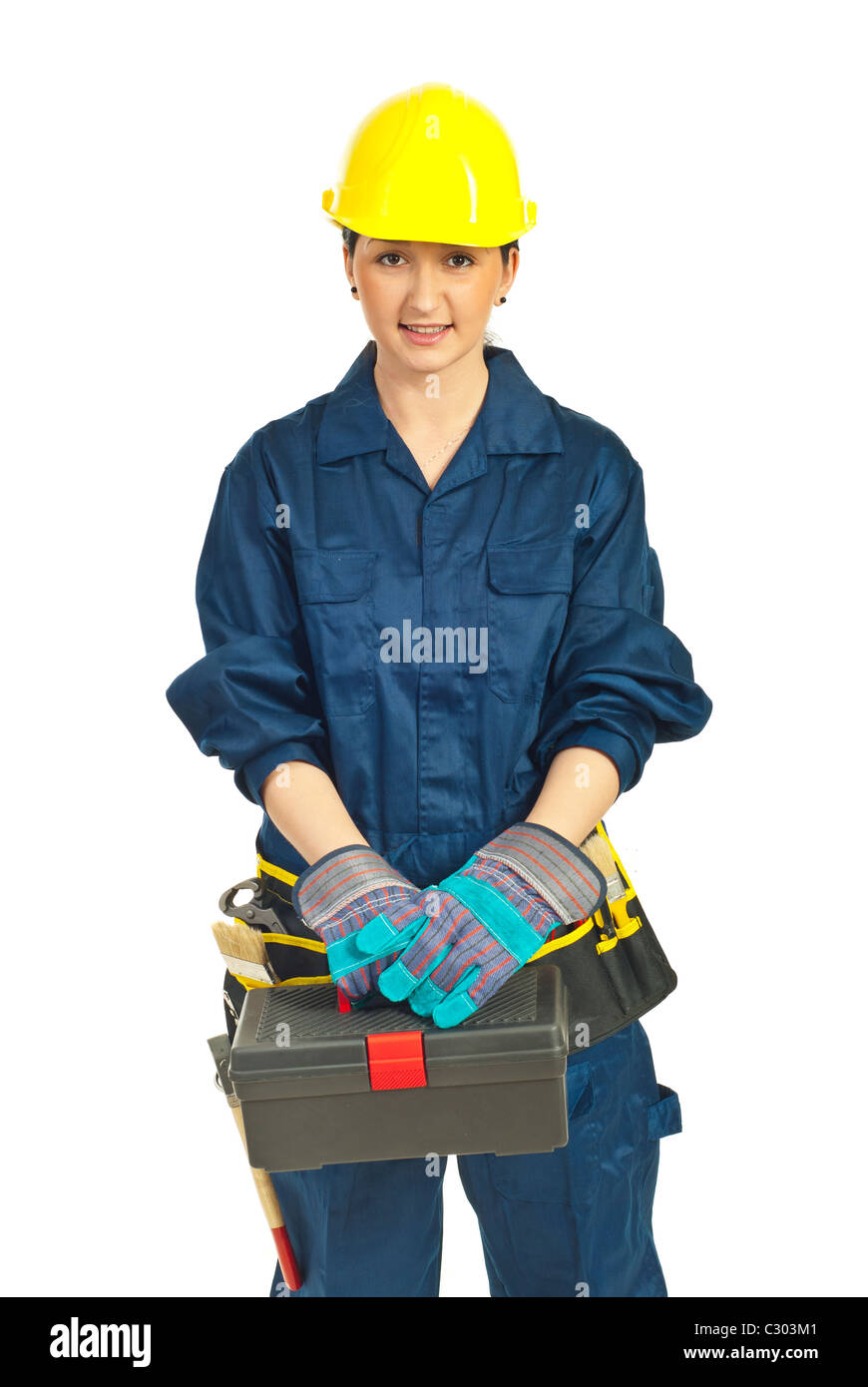 Worker woman holding tools container isolated on white background Stock ...