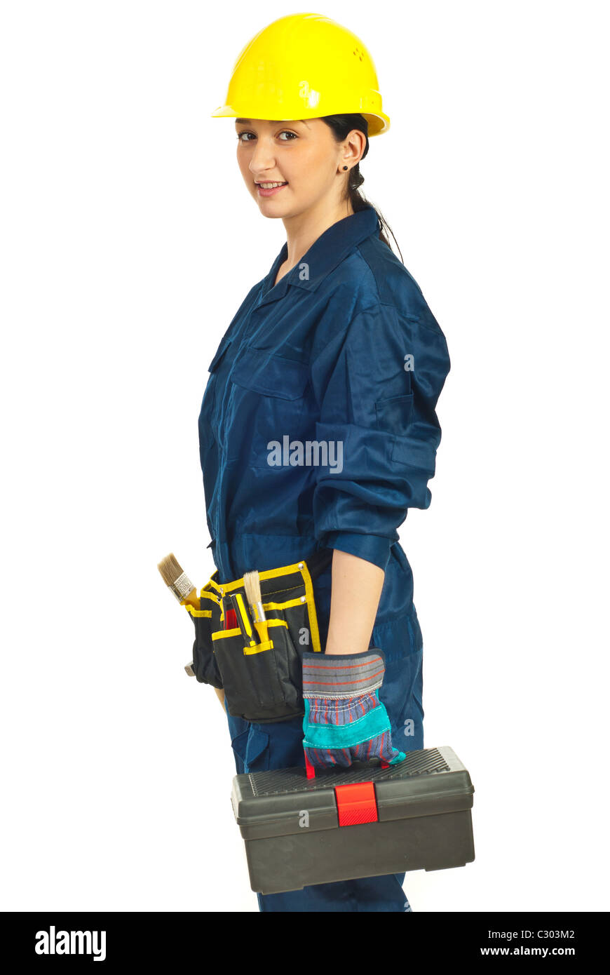 Worker woman holding tools container isolated on white background Stock ...