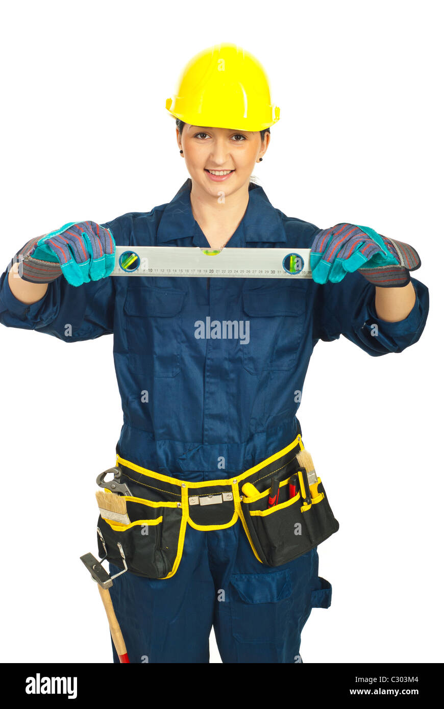 Happy young worker woman holding bubble ruler isolated on white ...