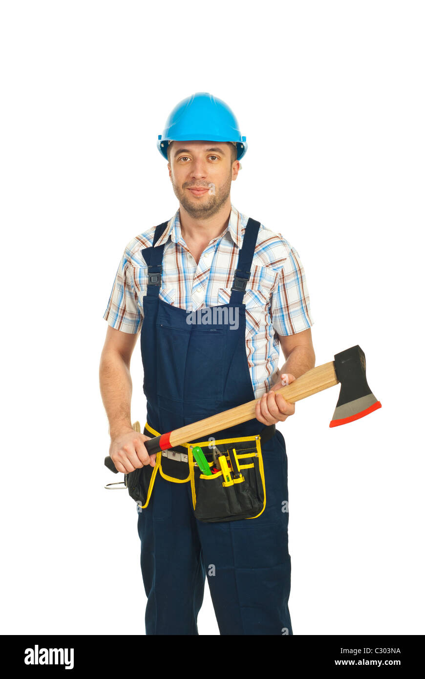 Mid adult workman in jumpsuit holding axe isolated on white background ...