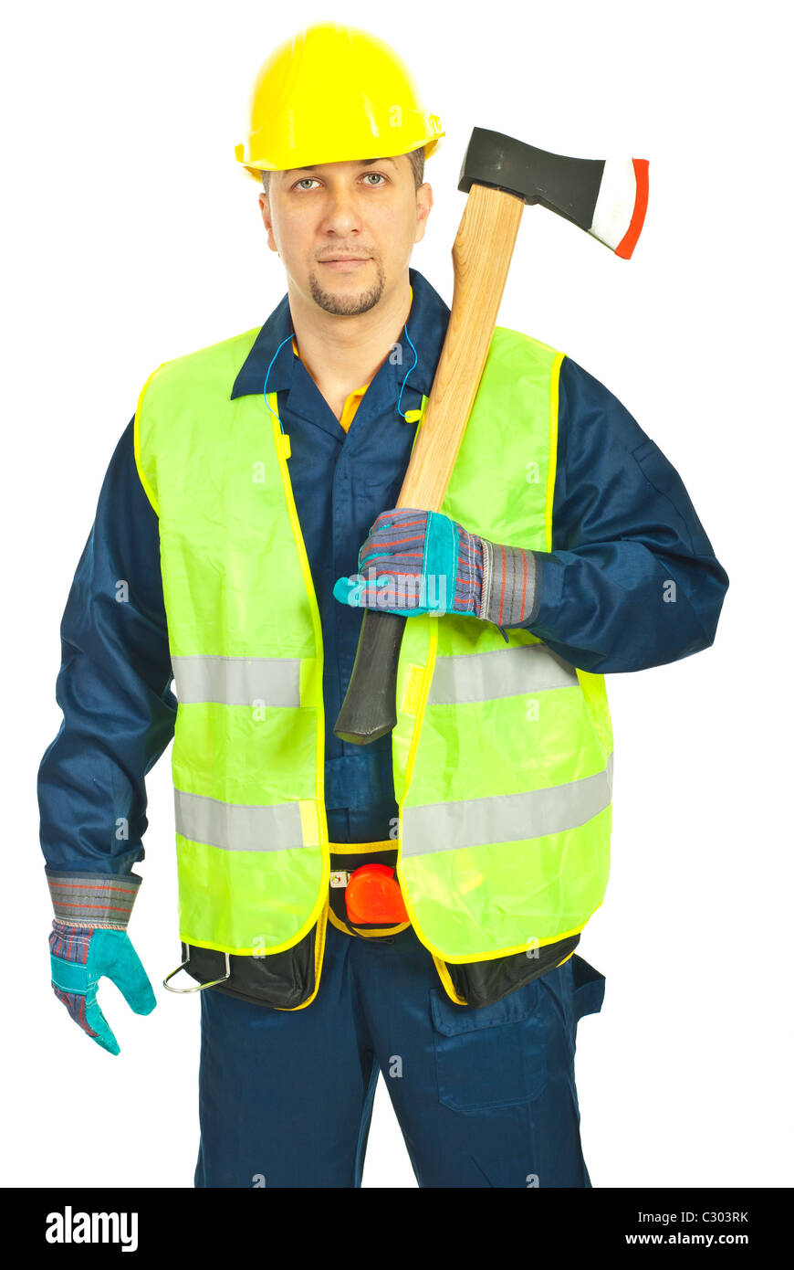 Serious workman holding axe and wearing protective uniform isolated on ...