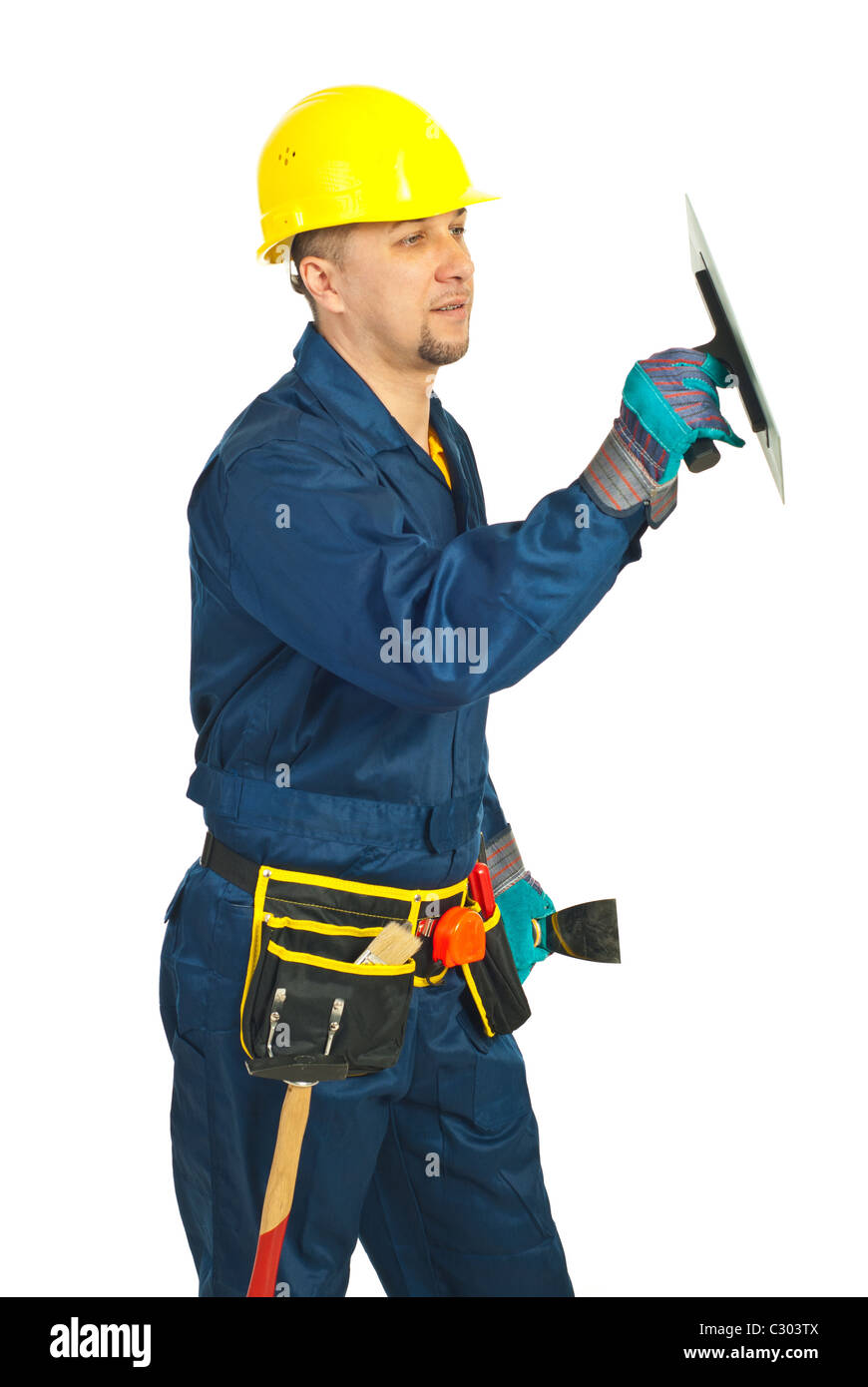 Constructor worker working with notched isolated on white background ...