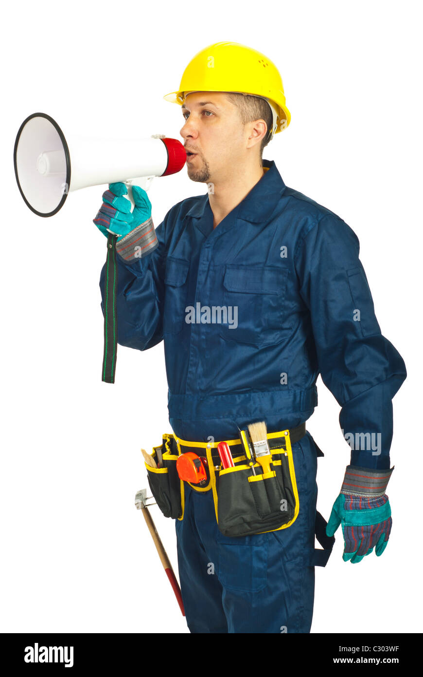 Worker man shouting in loudspeaker isolated on white background Stock ...