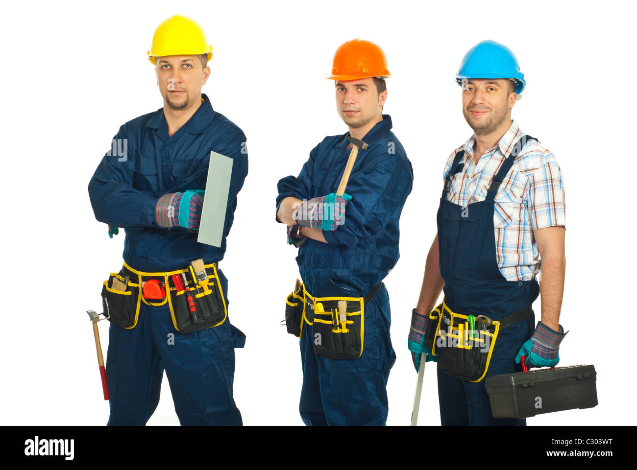 Constructor workers men team standing in a row isolated on white ...