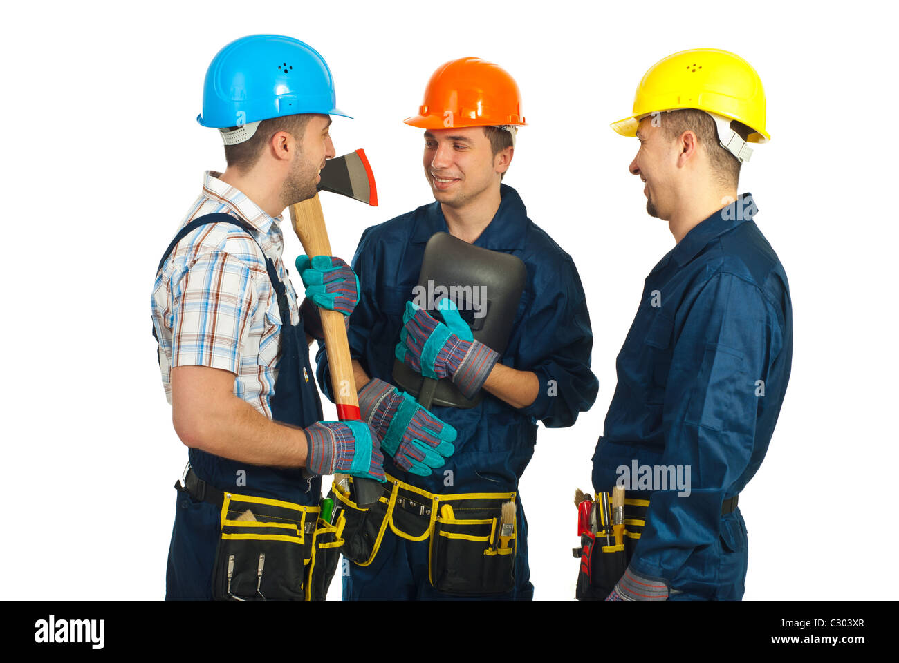 Workers men having happy conversation isolated on white background ...