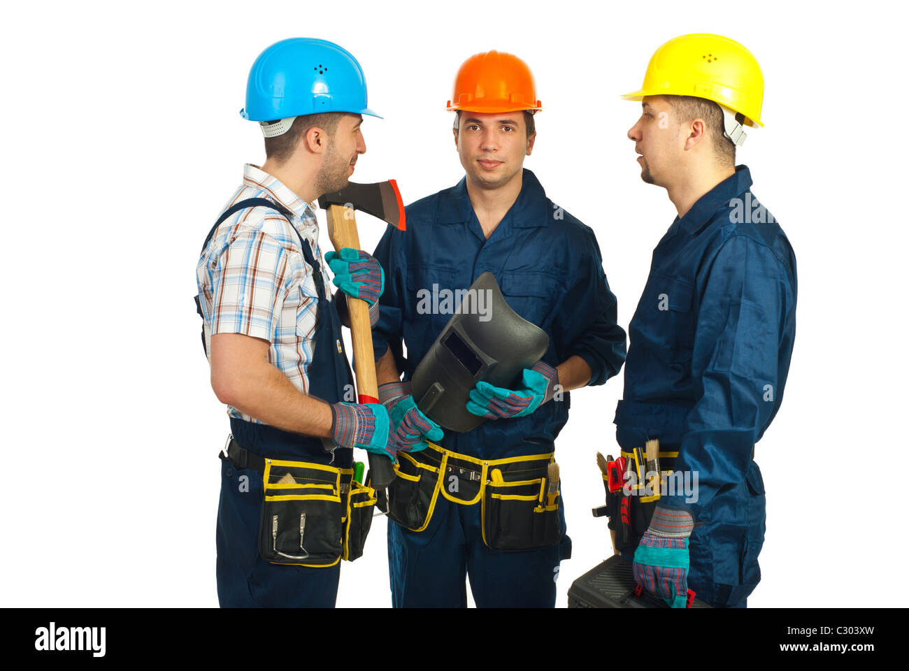 Group of three constructor workers having conversation isolated on ...